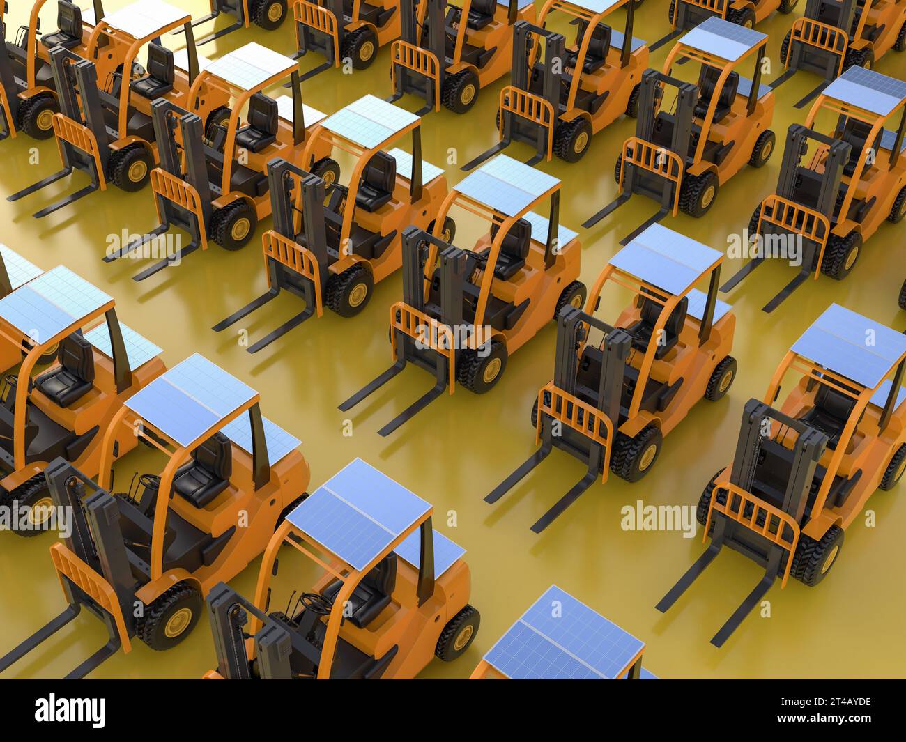 3d rendering ev forklift trucks with source of energy from solar panel ...