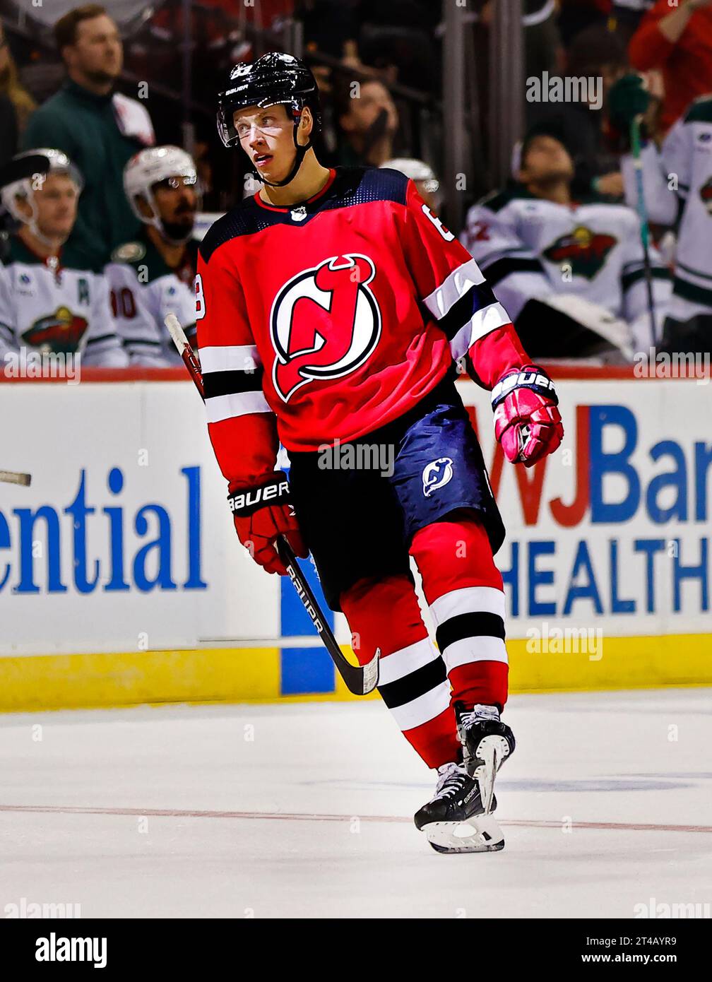 New Jersey Devils left wing Jesper Bratt (63) reacts after scoring a ...