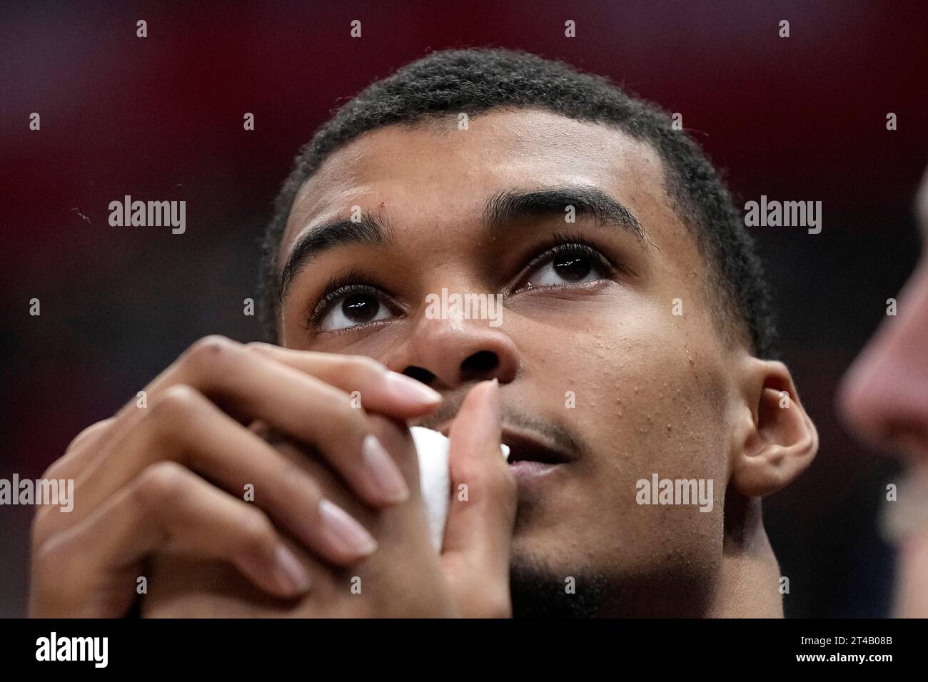 San Antonio Spurs center Victor Wembanyama looks up toward the ...