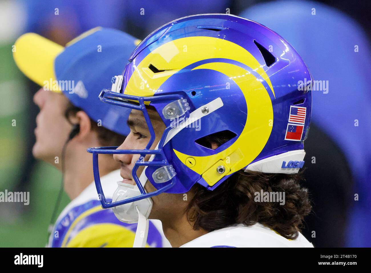 Los Angeles Rams wide receiver Puka Nacua (17) displays a US and ...