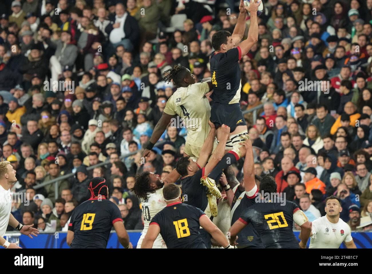 Argentina's Guido Petti and England's Maro Itoje compete in a line-out ...