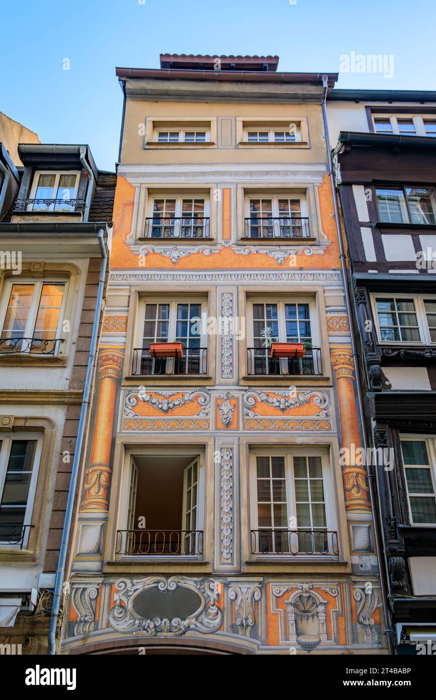 Ornate traditional baroque house with frescoes on the facade in the ...