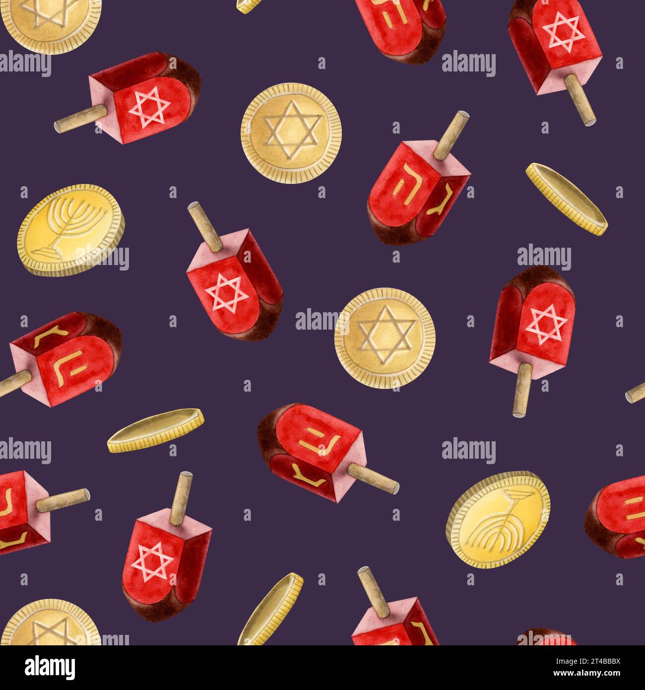 Stylish dark purple Hanukkah dreidels and gold coins gelt watercolor ...