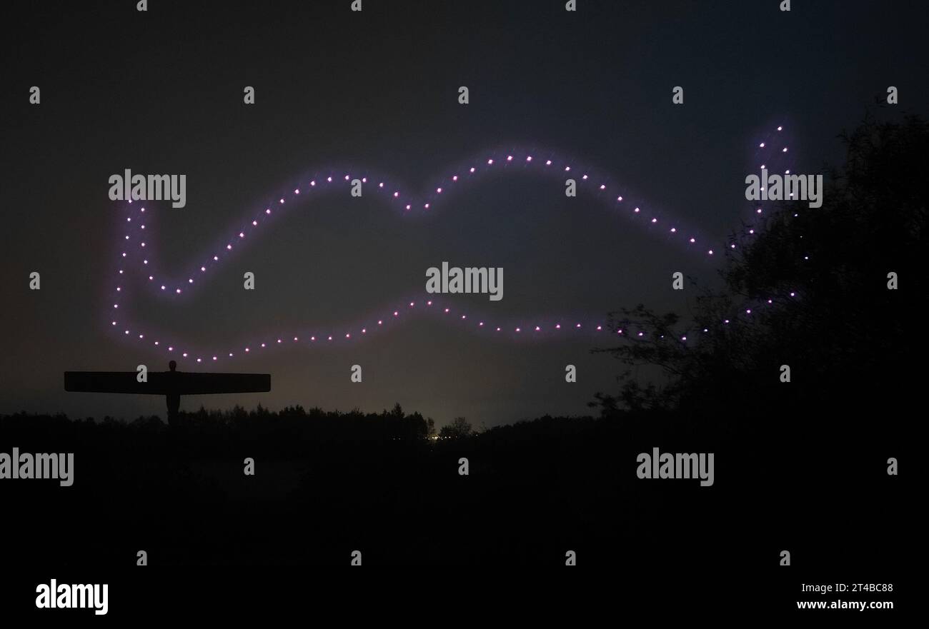 EDITORIAL USE ONLY A view of 100 drones in a 'Mo' formation in front of ...