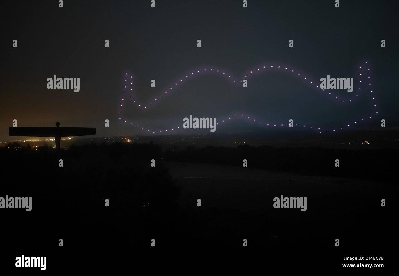 EDITORIAL USE ONLY A view of 100 drones in a 'Mo' formation in front of ...