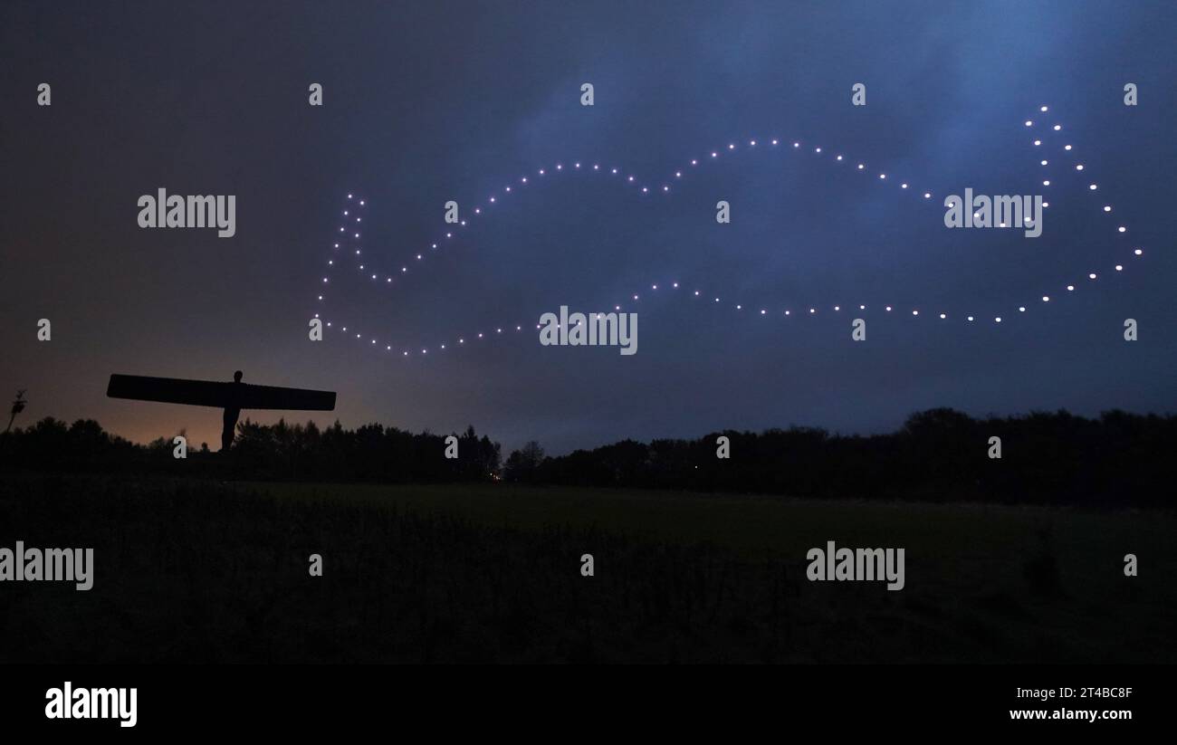 EDITORIAL USE ONLY A view of 100 drones in a 'Mo' formation in front of ...