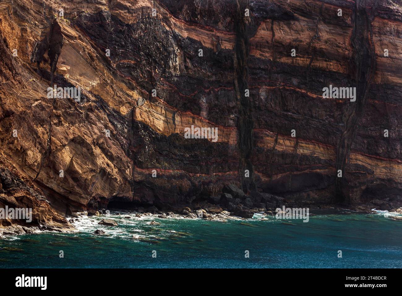 Coastal landscape, cliffs and sea, rugged coast with rock formations, Ponta de Sao Lourenco ...