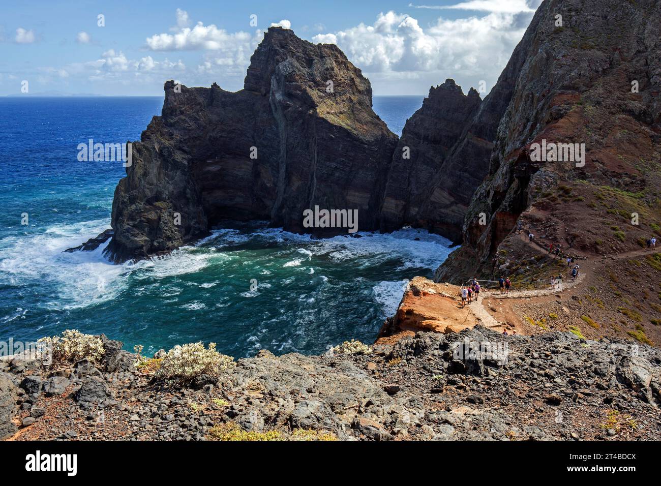 Coastal landscape, cliffs and sea, rugged coast with rock formations, Ponta de Sao Lourenco ...