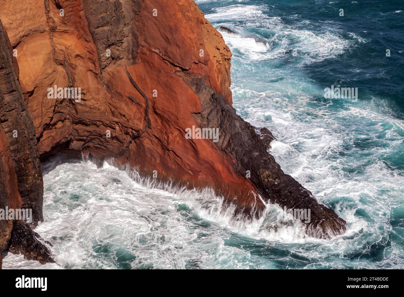 Coastal landscape, cliffs and sea, rugged coast with rock formations, Ponta de Sao Lourenco ...