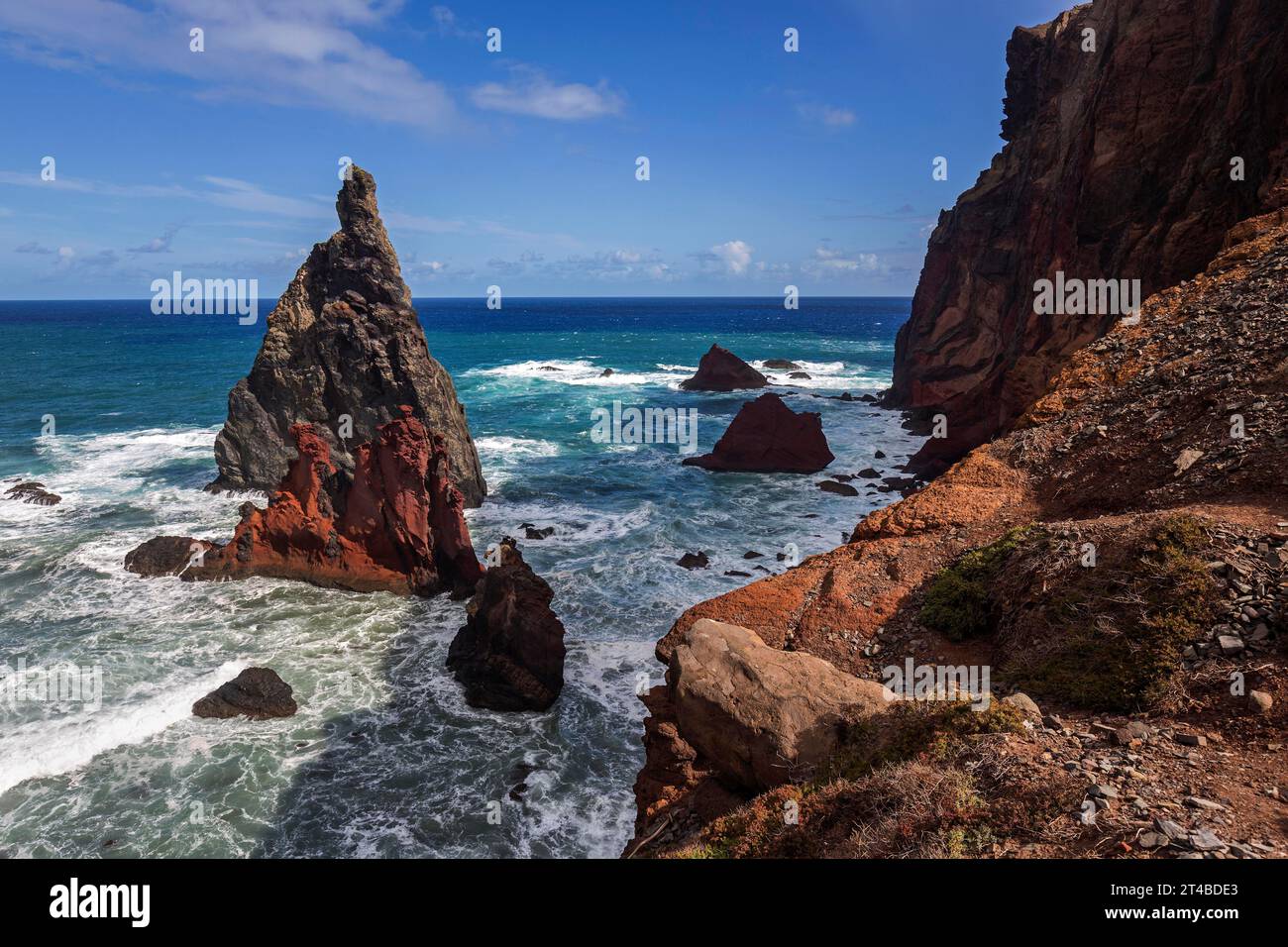 Coastal landscape, cliffs and sea, rugged coast with rock formations, Ponta de Sao Lourenco ...