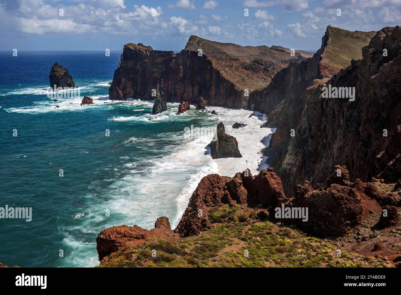 Coastal landscape, cliffs and sea, rugged coast with rock formations, Ponta de Sao Lourenco ...