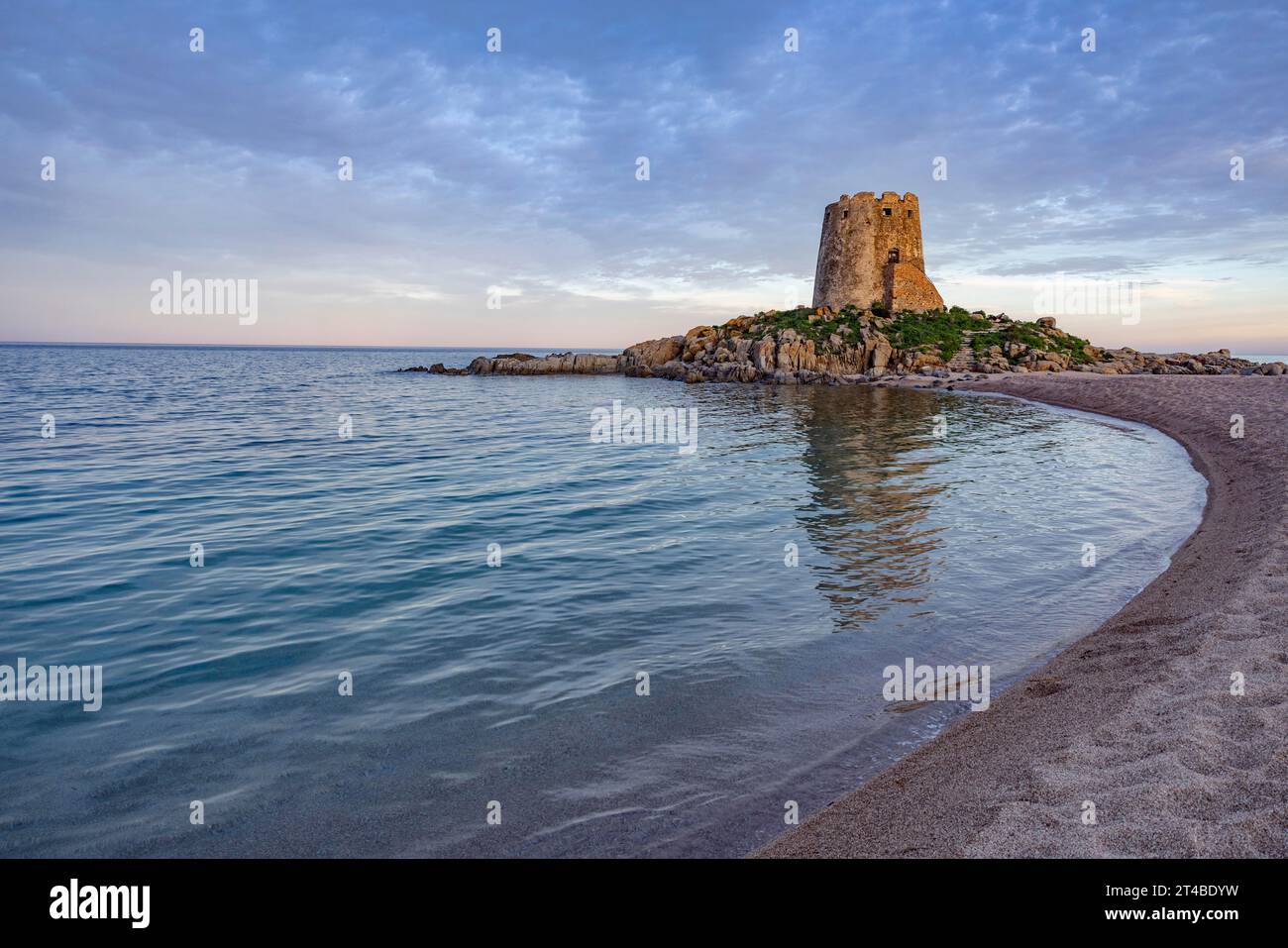 Beach at Torre di Bari Sardo, historic 16th century Spanish watchtower ...