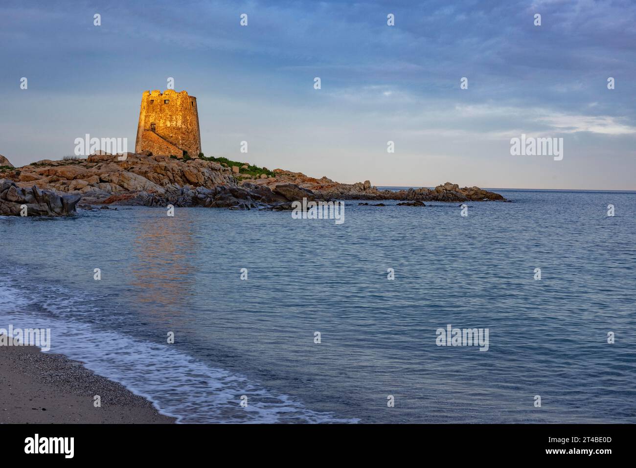 Beach at Torre di Bari Sardo, historic 16th century Spanish watchtower ...
