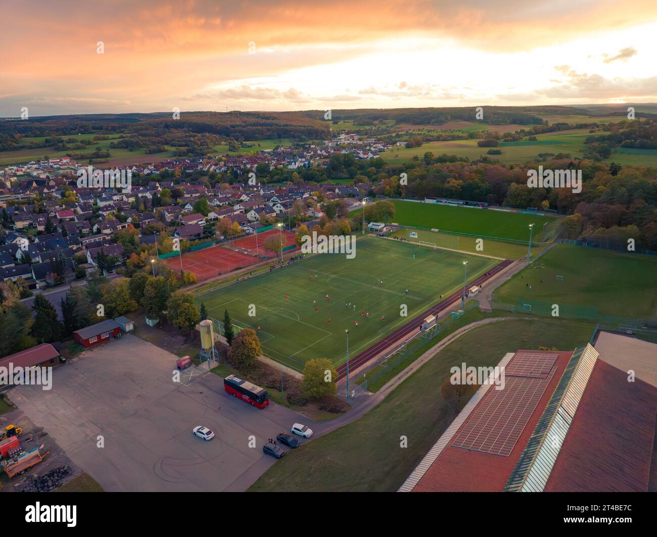 Football pitch in small village at sunset, Gechingen Germany Stock ...