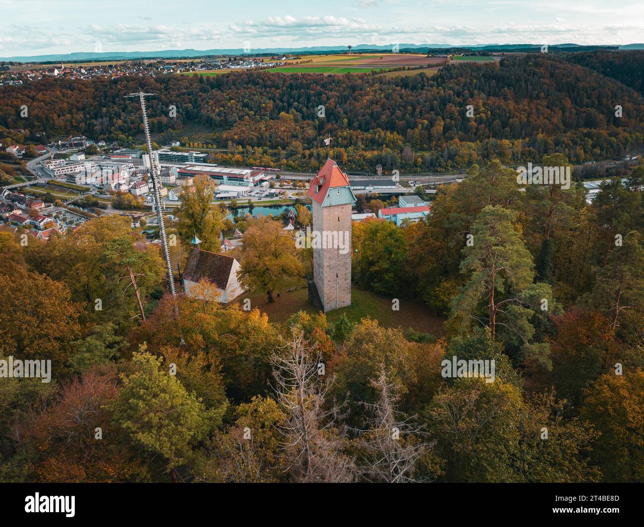 Historic tower in the autumn forest, Schuetteturm, Horb am Neckar ...