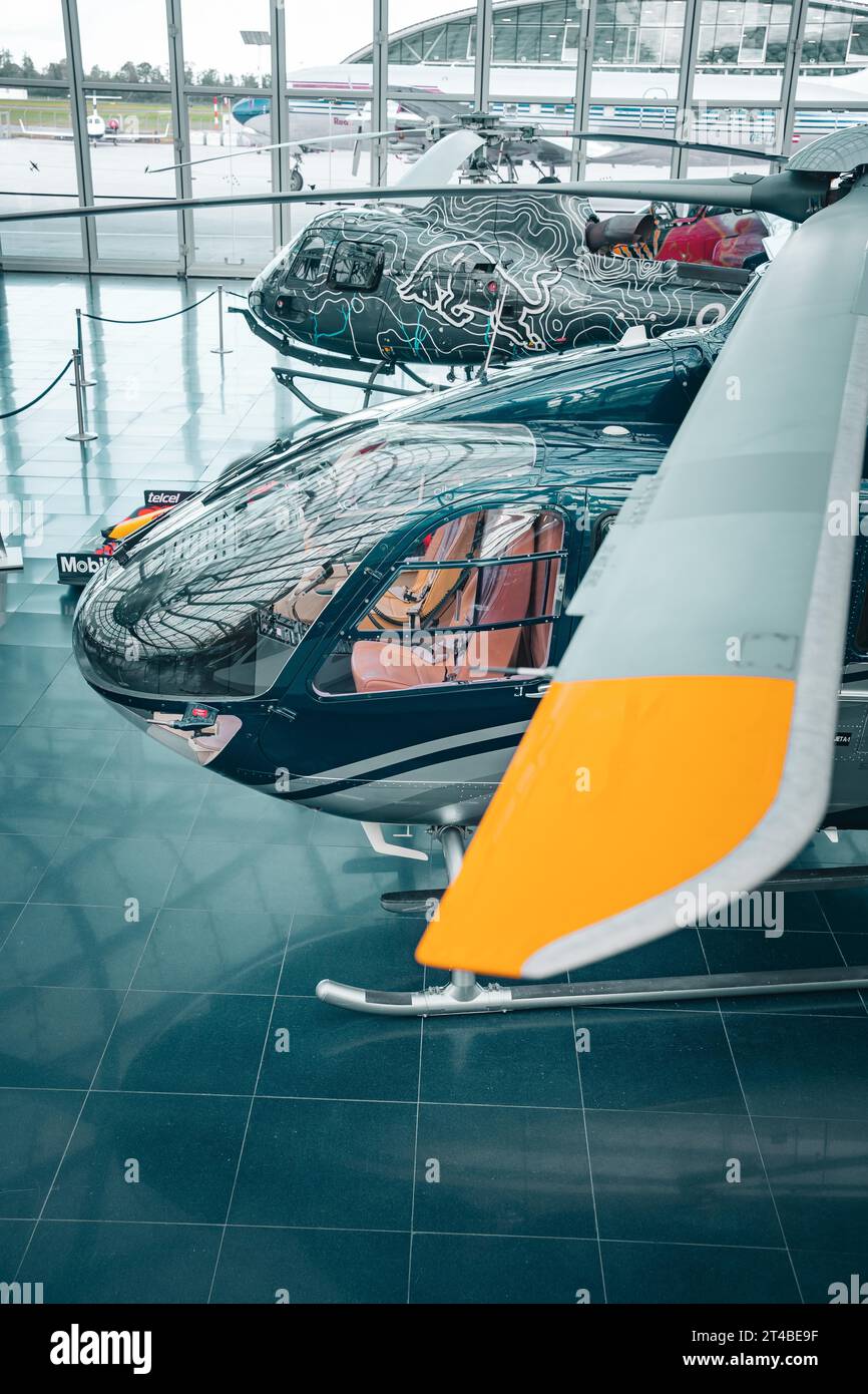 Helicopter in Modern Glass Architecture at Redbull Hangar7, Salzburg ...
