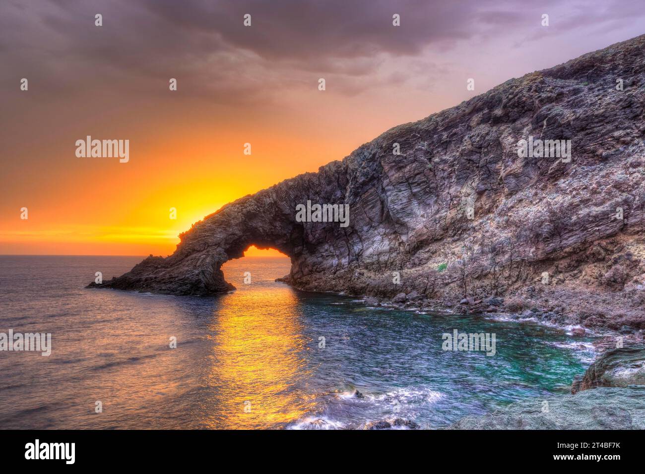 Dawn, Arco dell'Elefante, sunrise, rock gate, grey clouds, Pantelleria ...