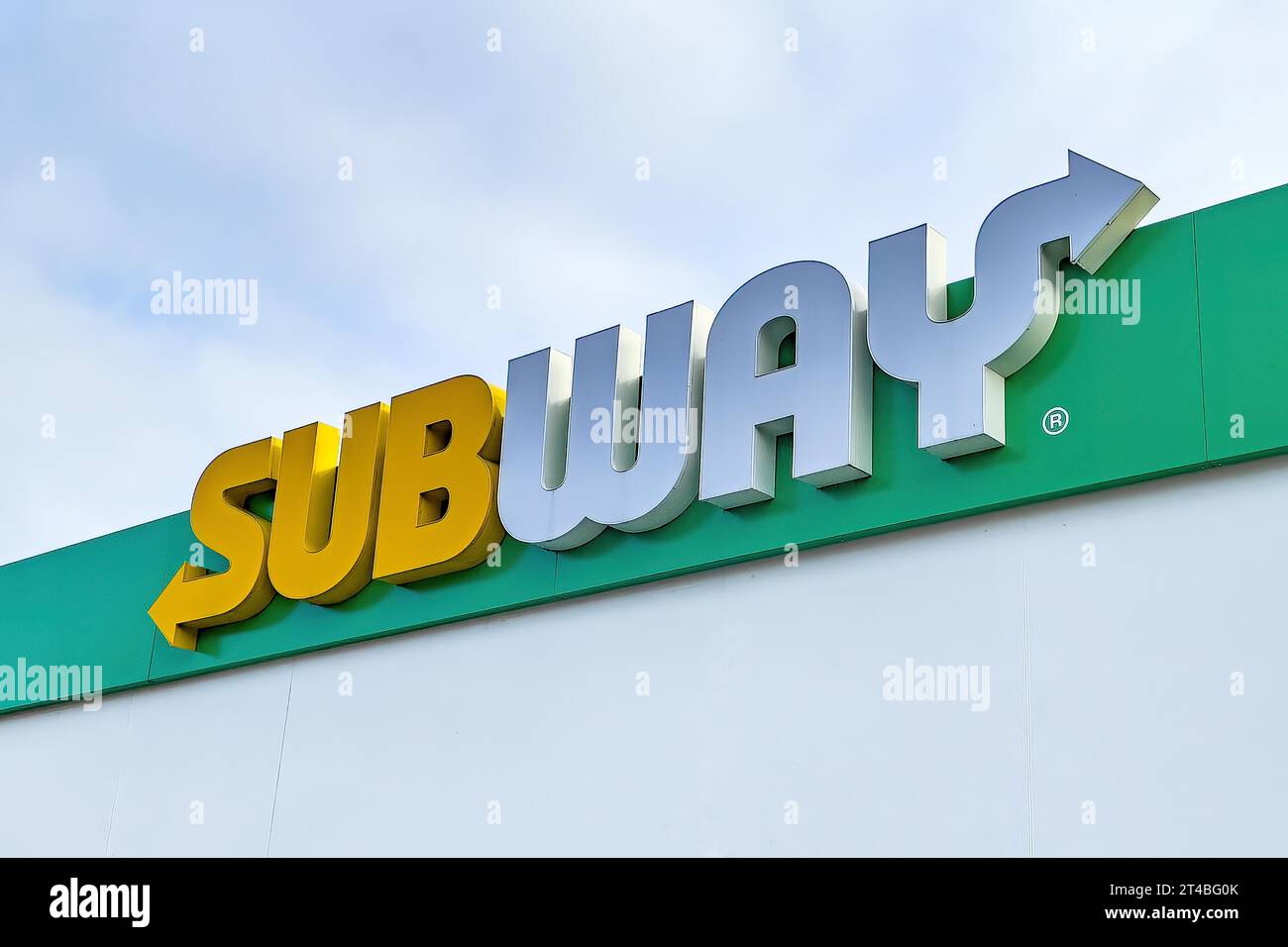 Yellow white lettering logo Subway over restaurant fast food restaurant ...