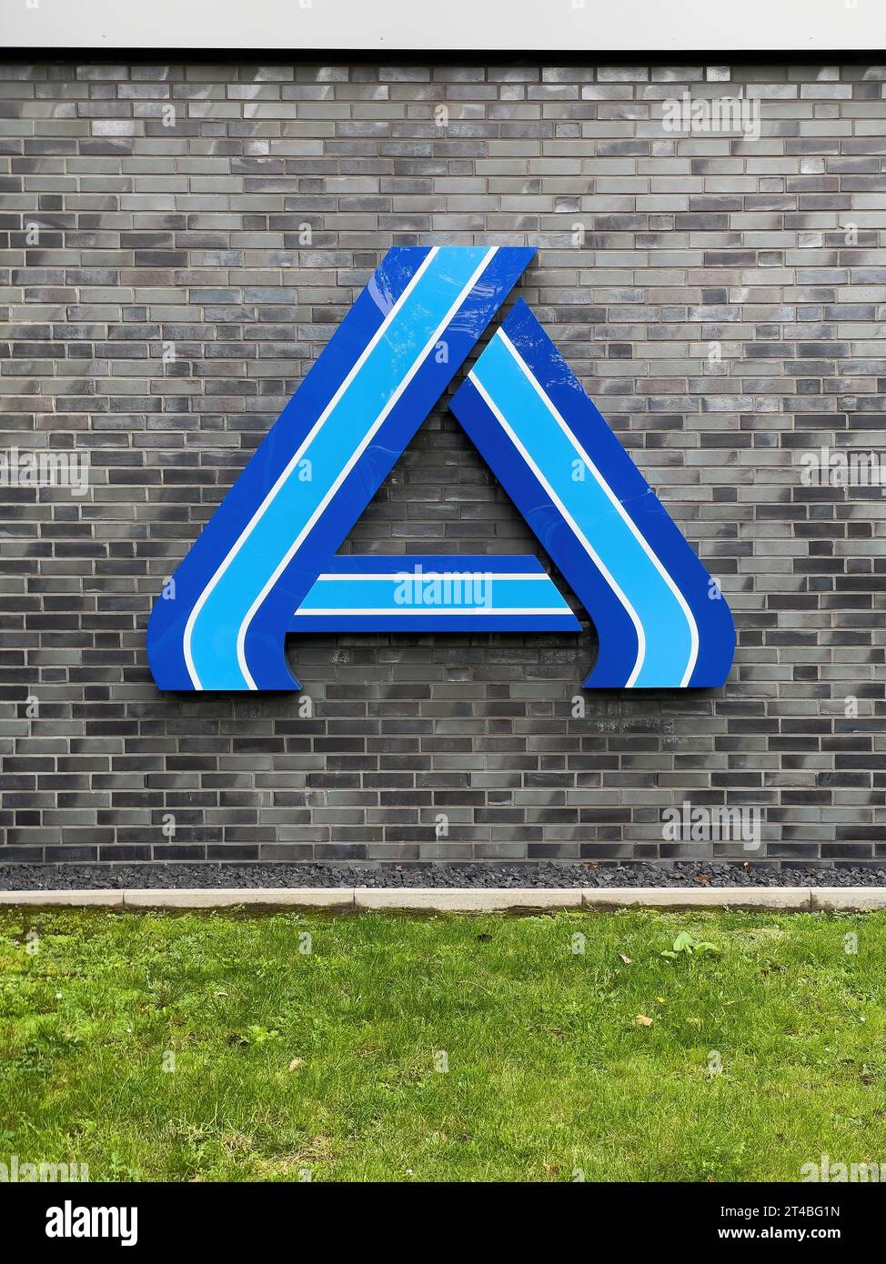 Logo A in blue without lettering on wall of supermarket of retail chain ...