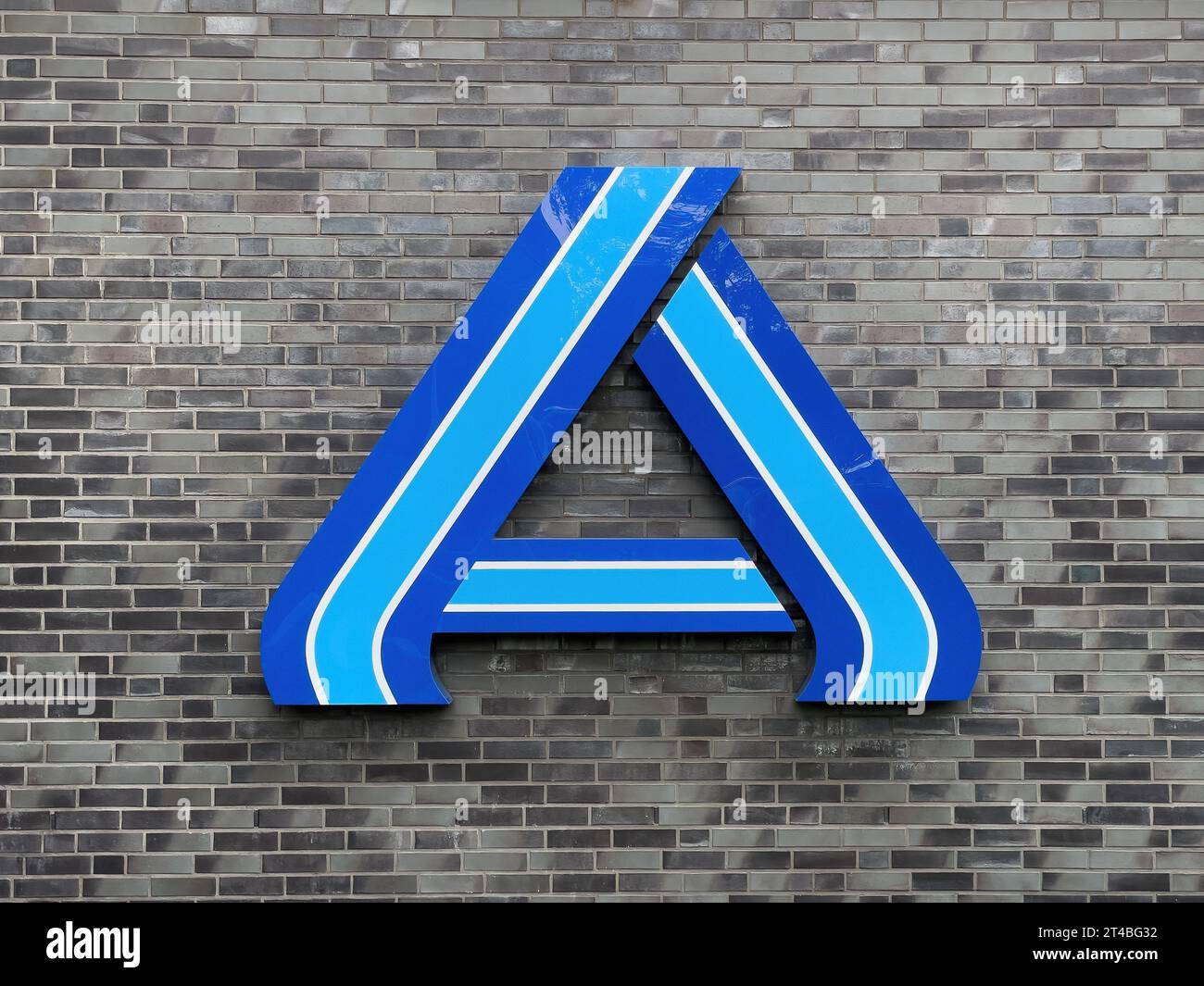 Logo A in blue without lettering on wall of supermarket of retail chain ...