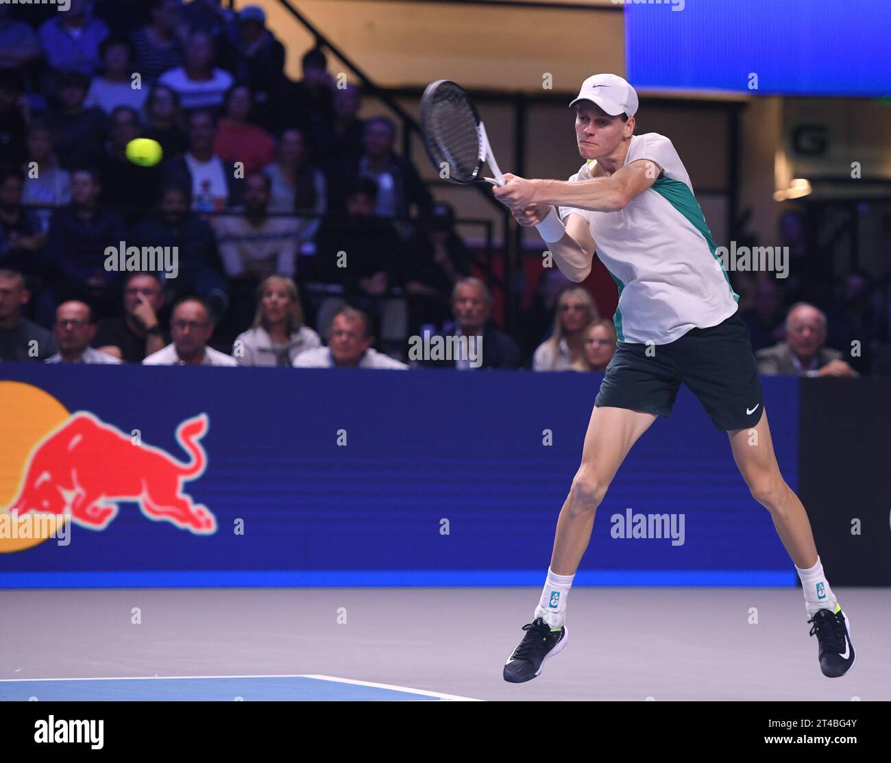 Vienna, Austria. 29th Oct, 2023. Jannik Sinner of Italy hits a return during the final match ...