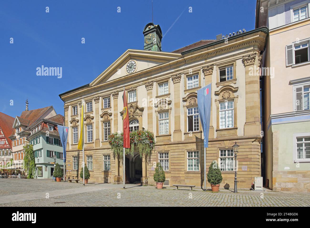 Baroque New Town Hall built 1760 with flags, Rathausplatz, Esslingen ...