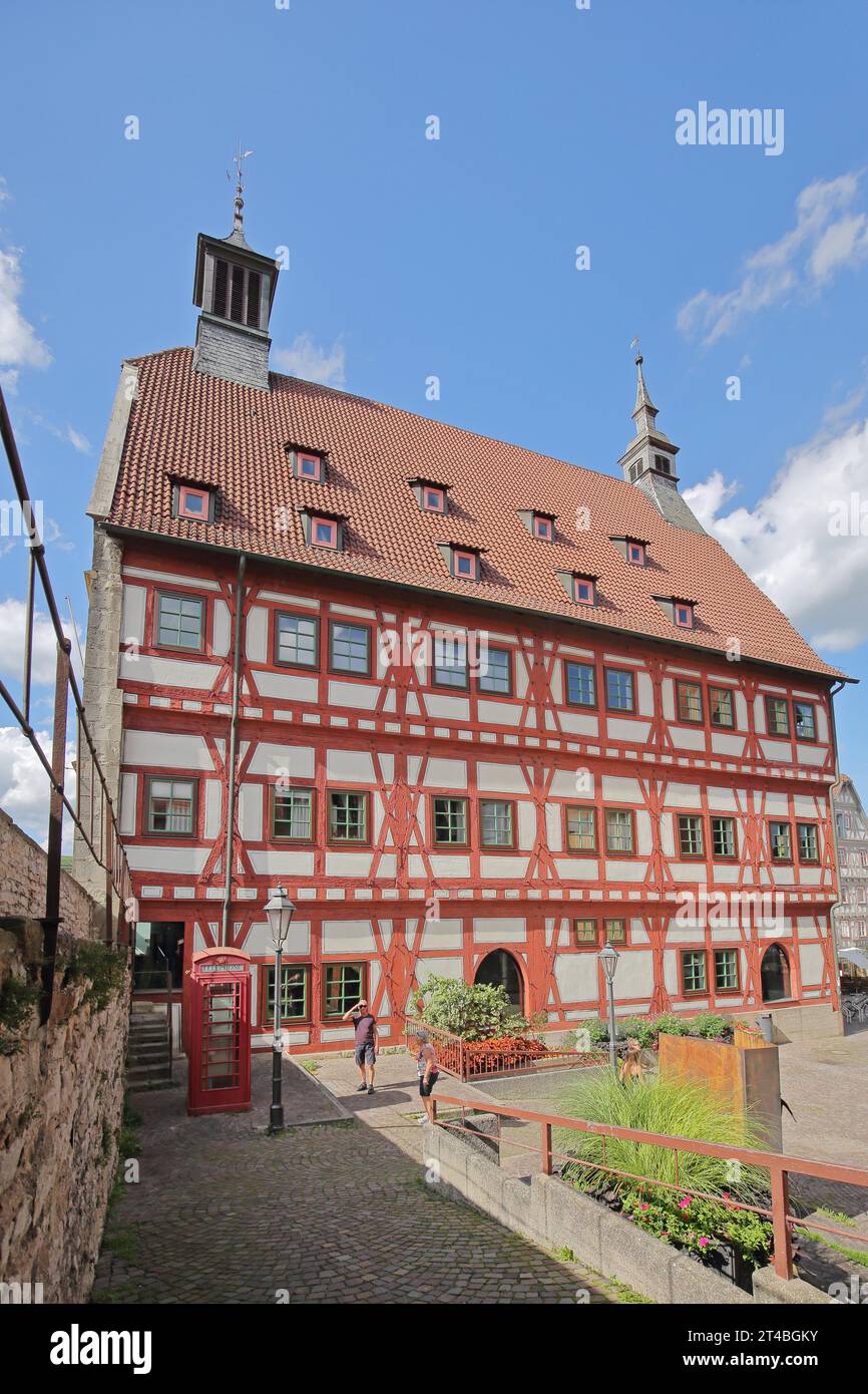 Historic town hall with town wall, red, old, telephone box, tower ...