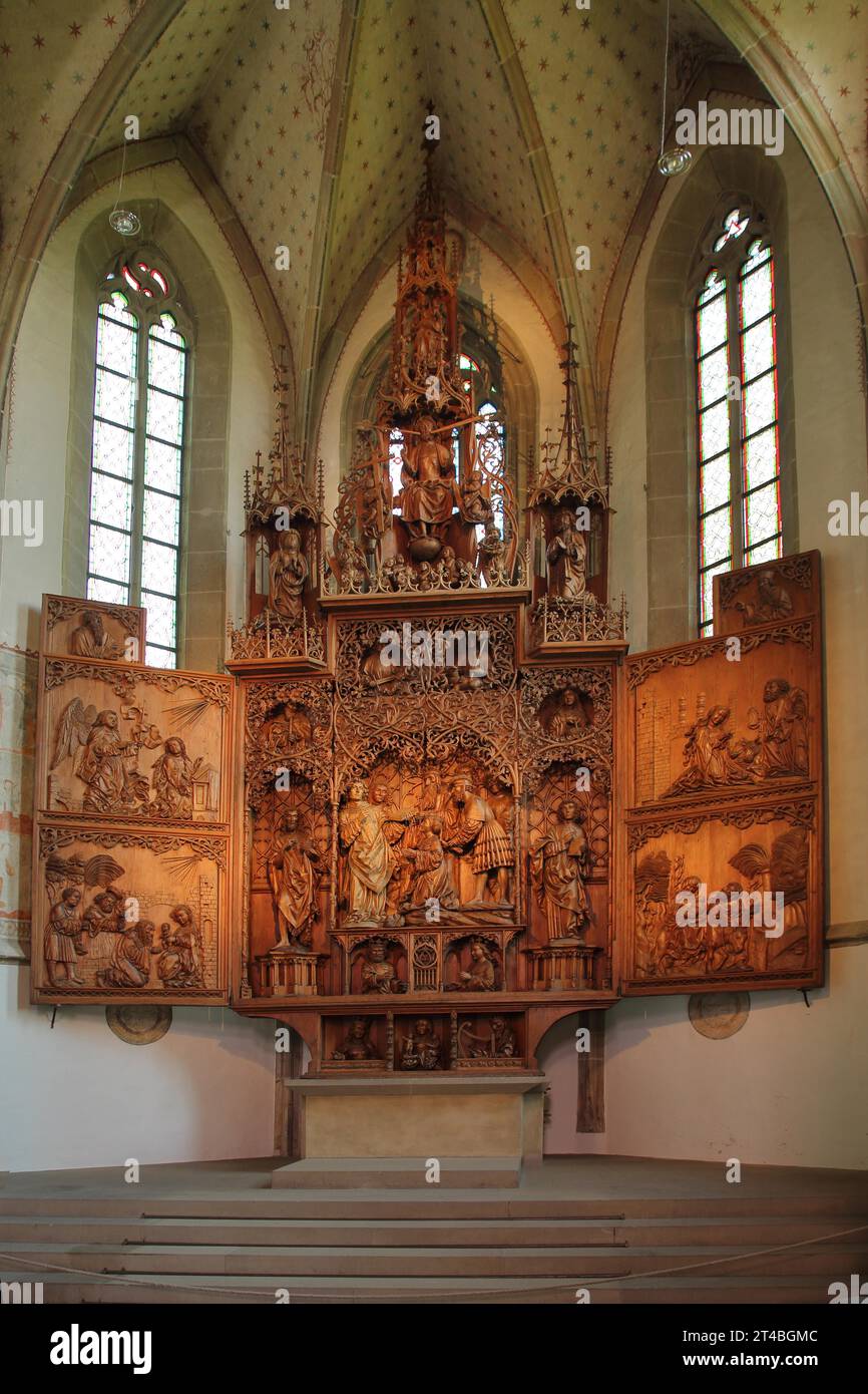 Late Gothic high altar with wood carving by Christoph von Urach 1520 in St. Cyriakus Stadtkirche ...