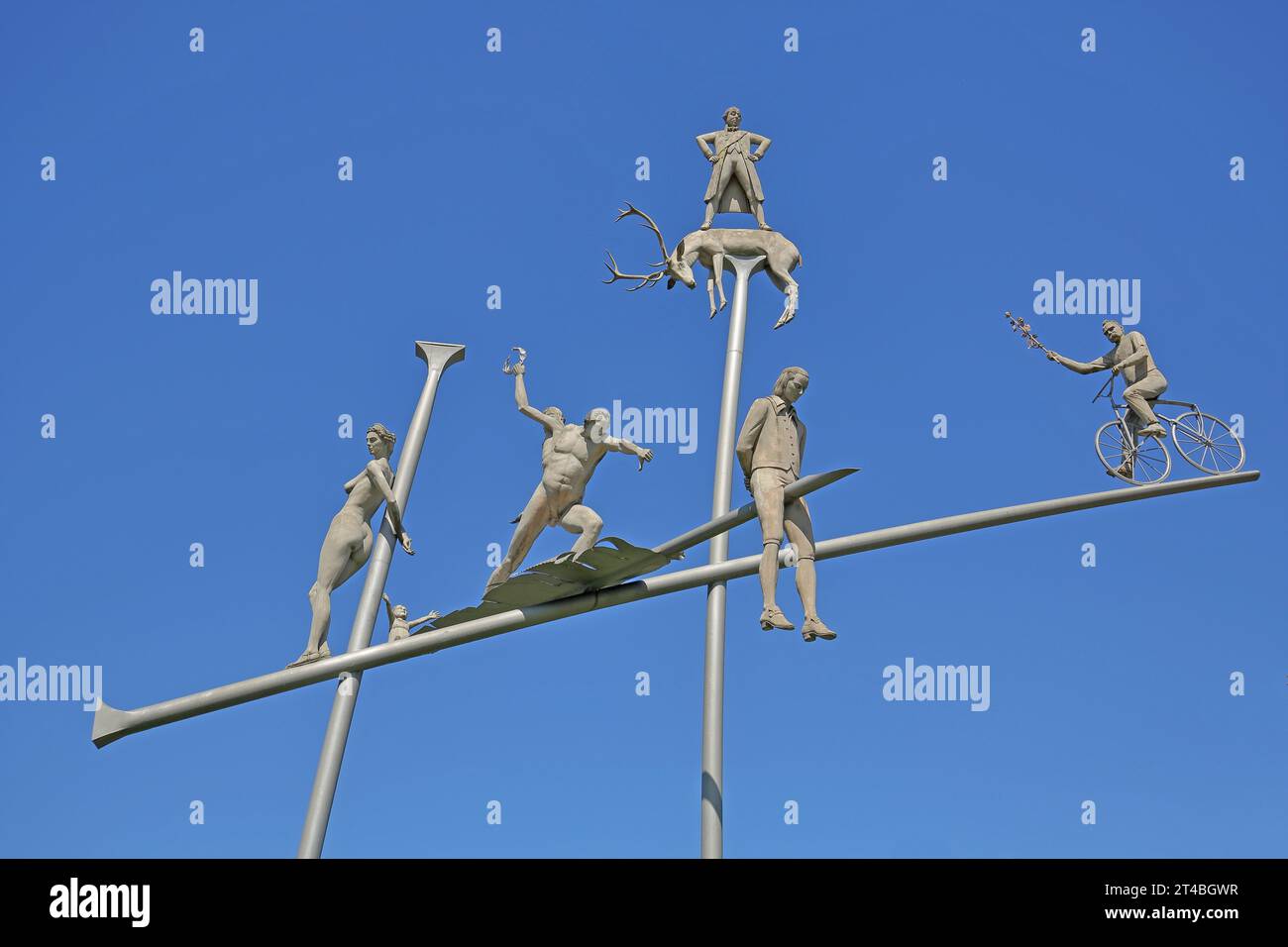 Sculpture Friedrich Hoelderlin by Peter Lenk 2003, bars, beams, figures ...