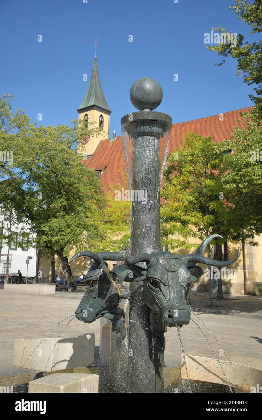 Ox fountain by Gunther Stilling with sculptures bull heads and cross ...