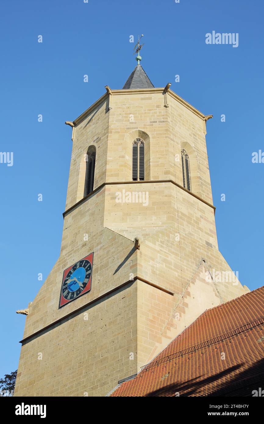 Tower of the gothic Michaelskirche, church tower, clock, view upwards ...