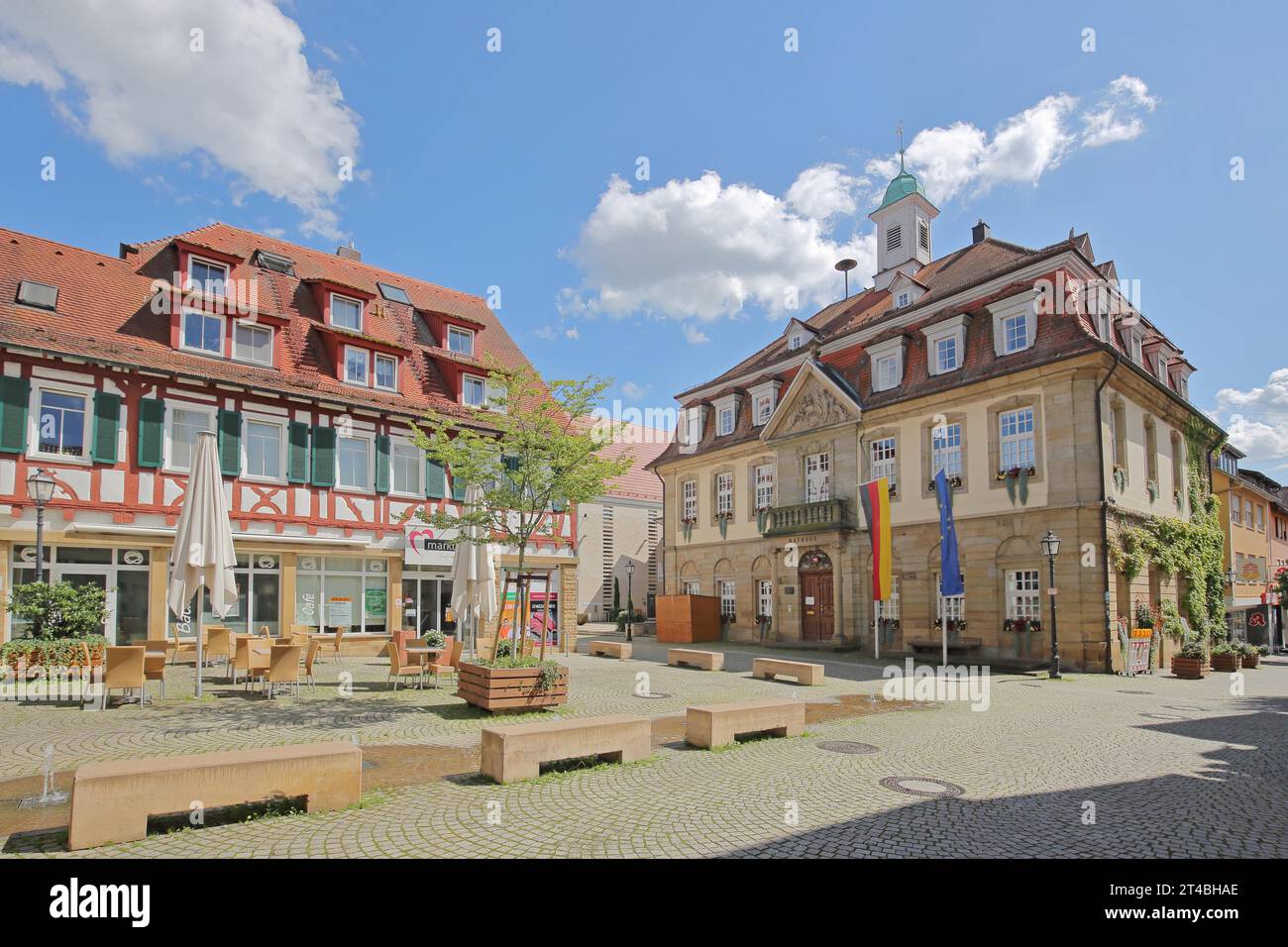 Market place with half-timbered house and town hall with German ...