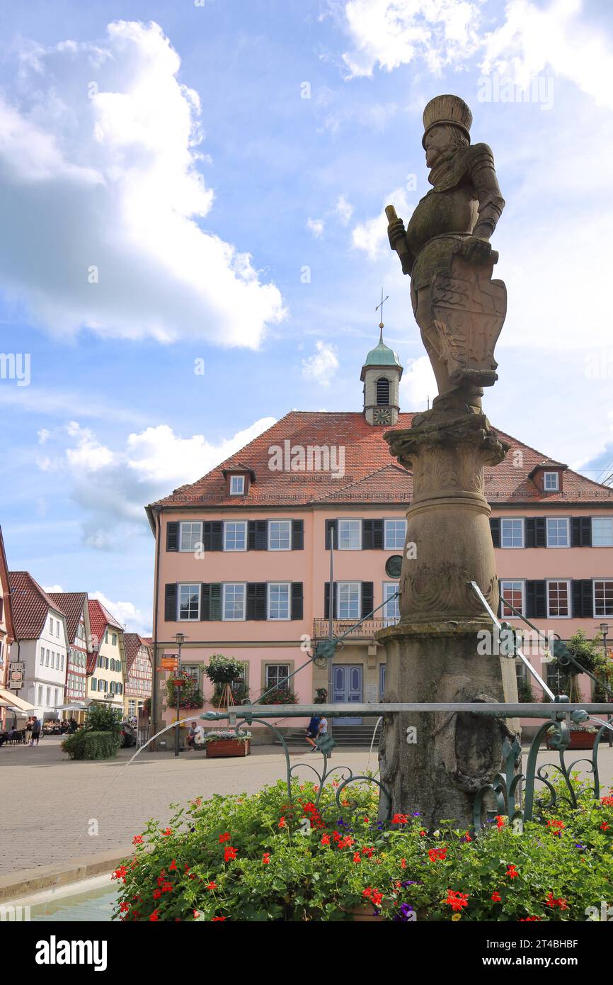 Market square with fountain and town hall, Murrhardt, Baden ...