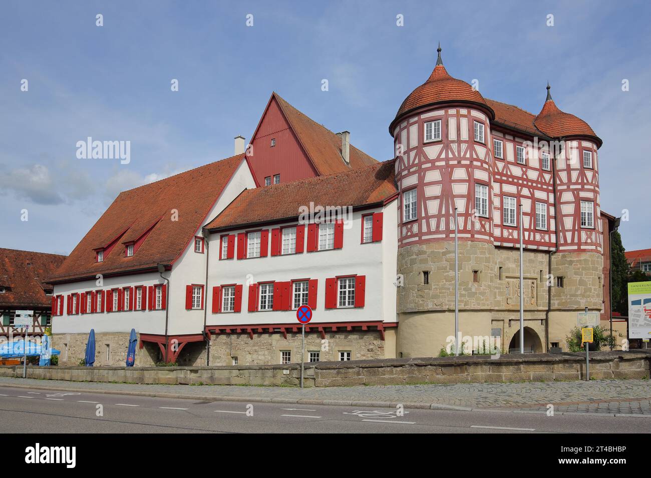 Old Renaissance castle built 1480, double towers, half-timbered house ...