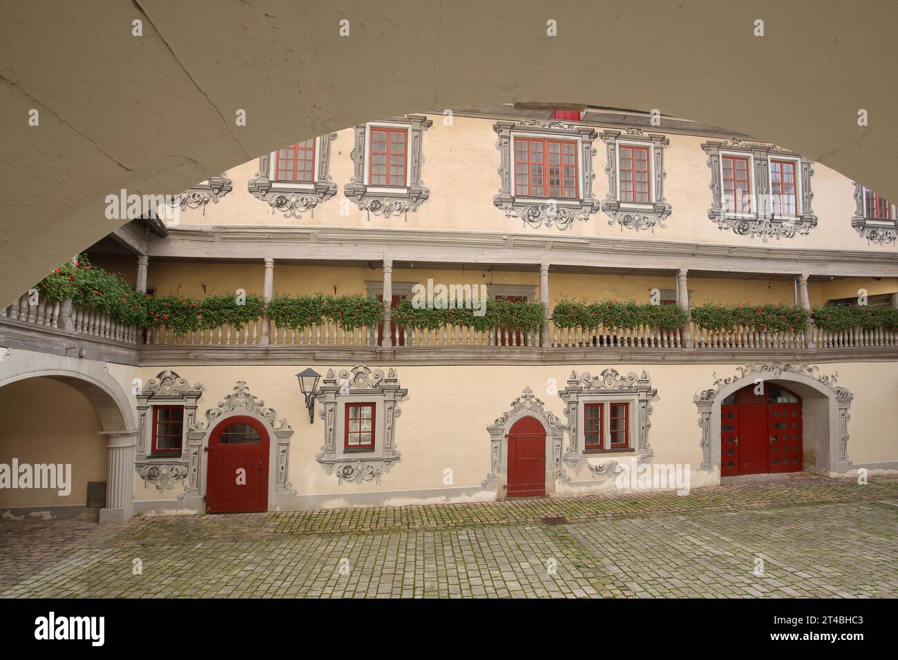 Inner courtyard with arcade of the Old Renaissance Castle built 1480 ...