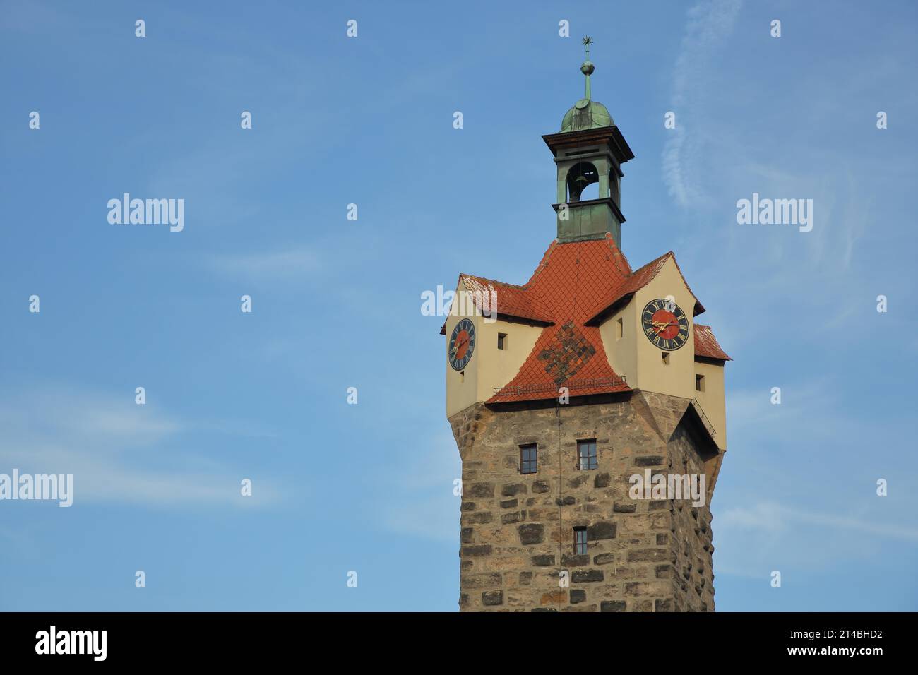 Historic tower with clocks, city tower, Herzogenaurach, Middle ...