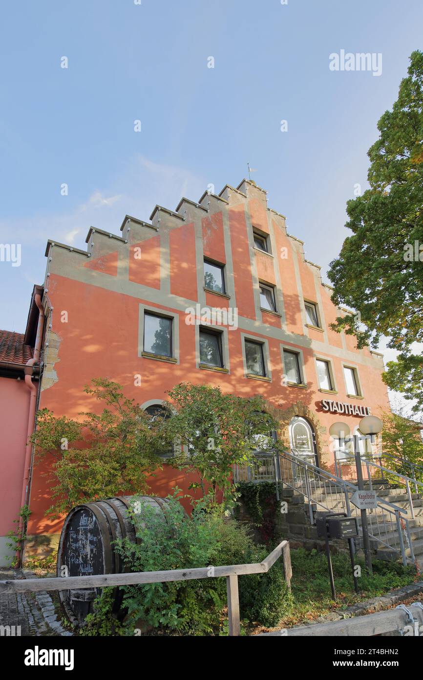Red town hall with stepped gable, wine barrel, Gerolzhofen, Lower ...