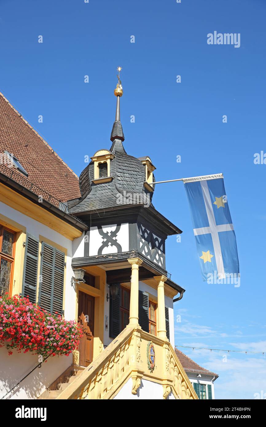 Historic town hall built 1532 with town flag, landmark, Deidesheim ...