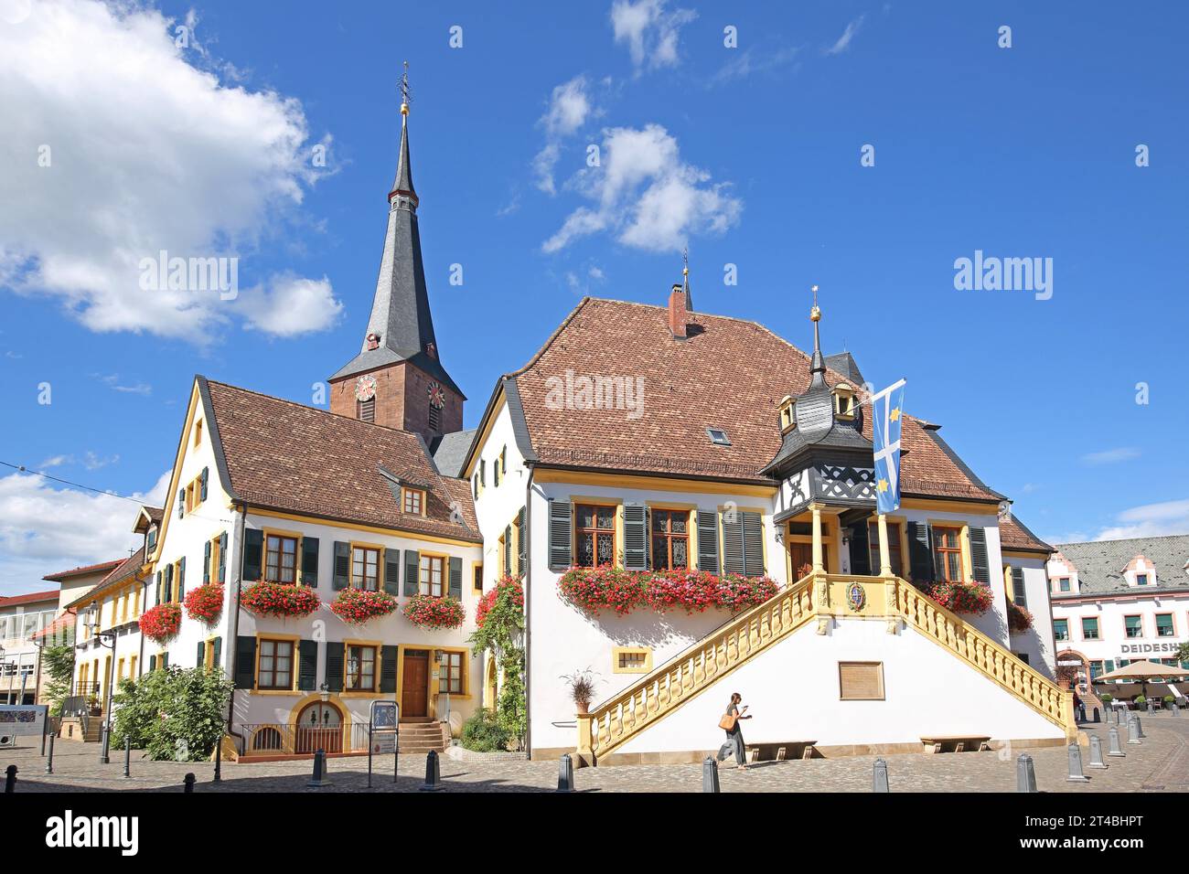 Historic town hall built 1532 with town flag, landmark, Deidesheim ...
