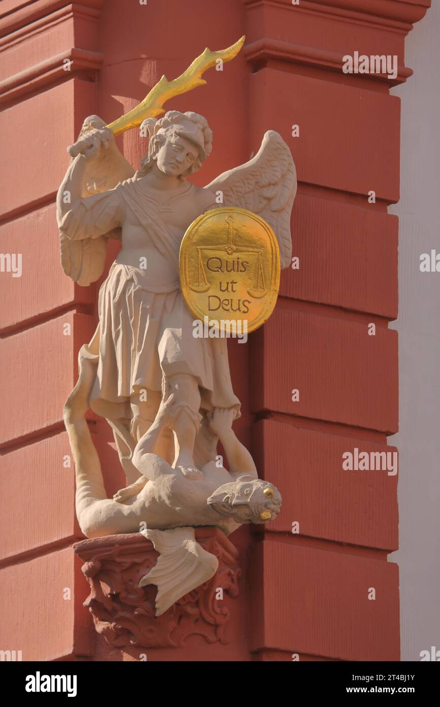 Sculpture Archangel Michael with shield Latin inscription, quis ut deus ...