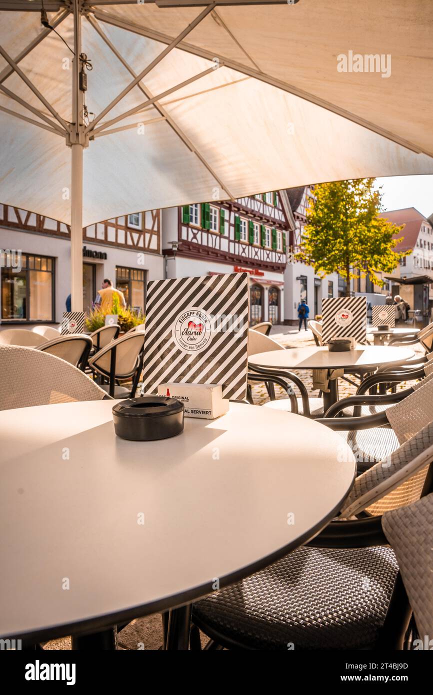 Eiscafe Adria in historic half-timbered town, Black Forest, Calw ...