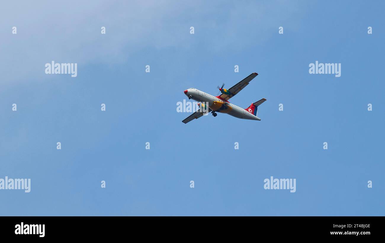 Propeller plane taking off in the air, Pantelleria, Pelagic Islands ...