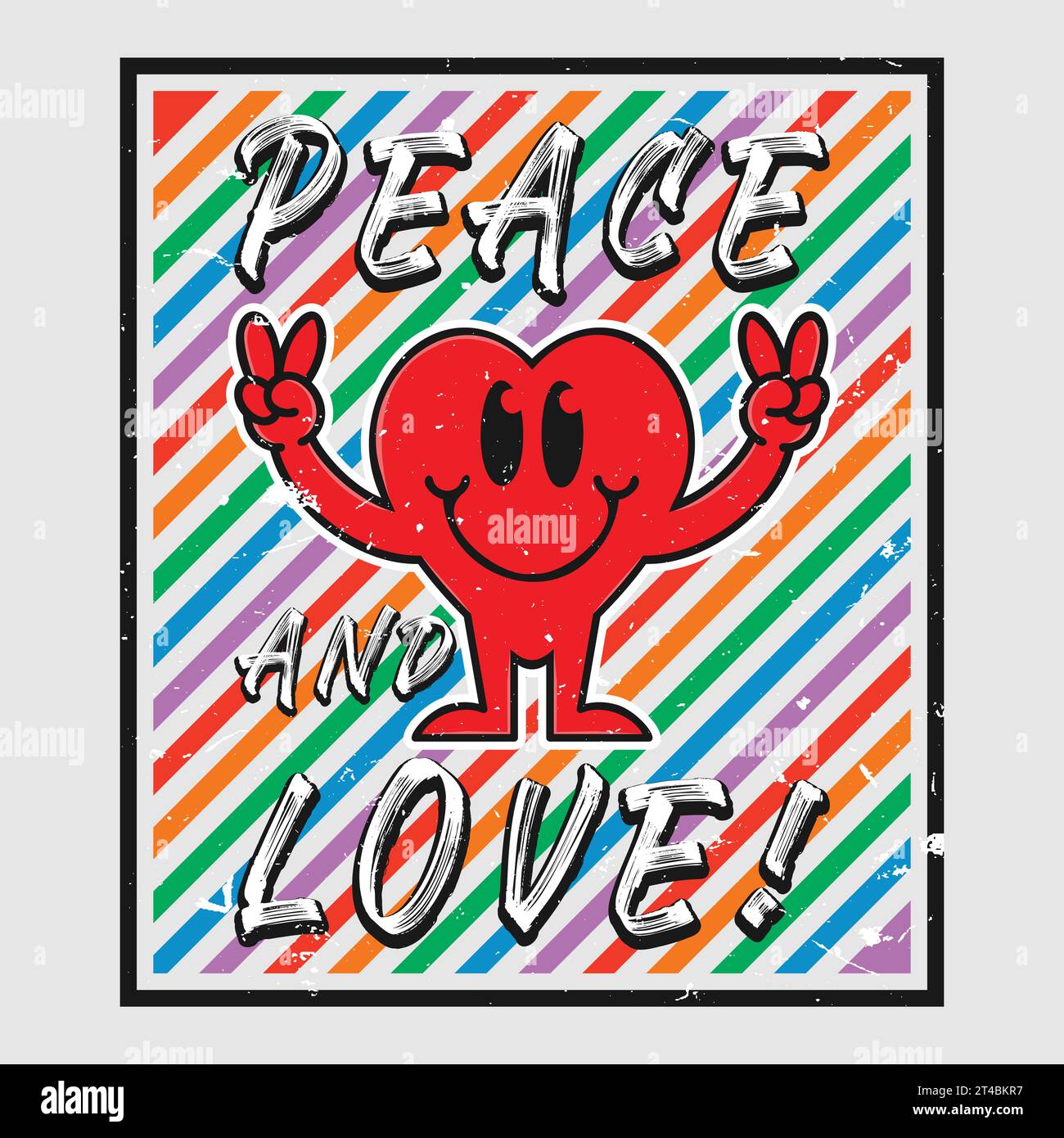 Heart emoji cartoon with peace and love phrase. Grunge texture style ...