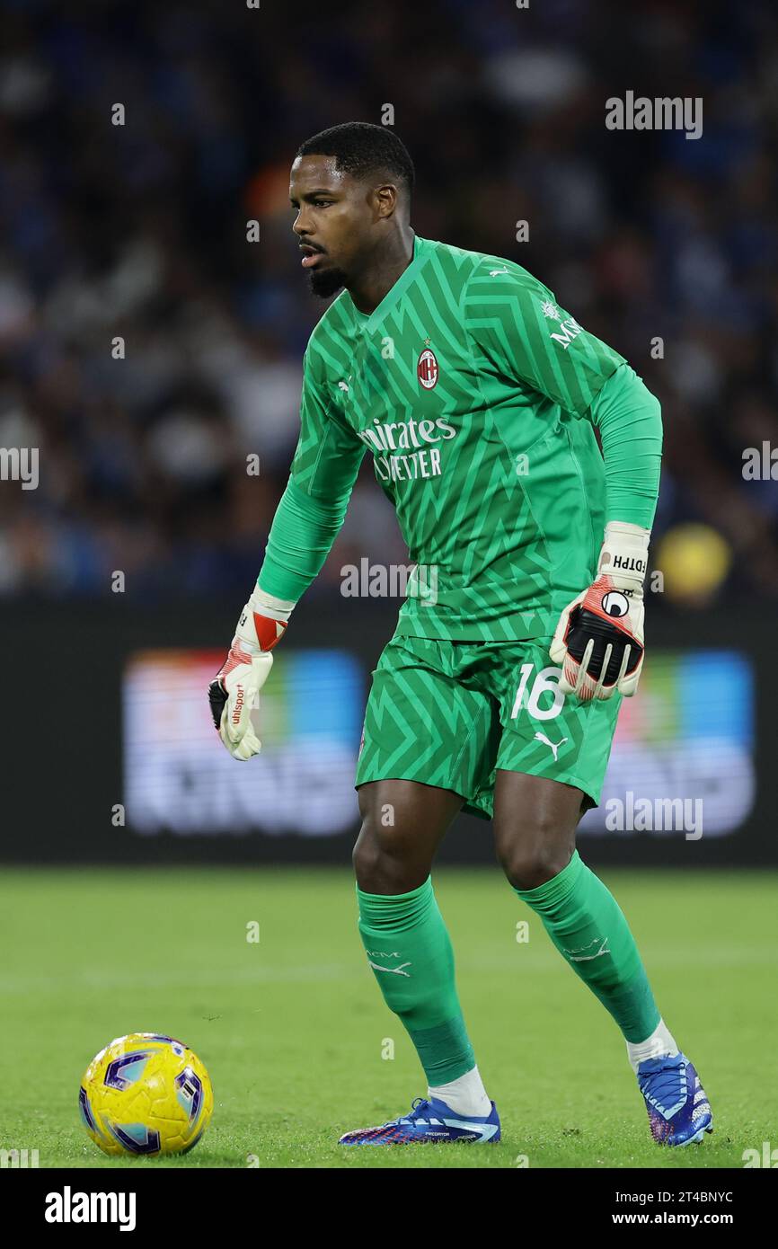 Milan’s French goalkeeper Mike Maignan controls the ball during the ...