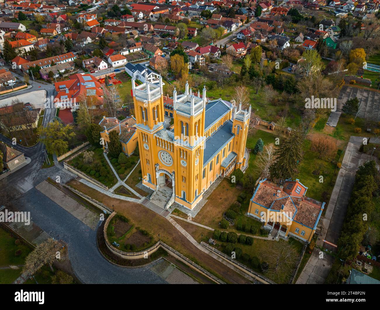 Fot, Hungary - Aerial view of the Roman Catholic Church of the ...