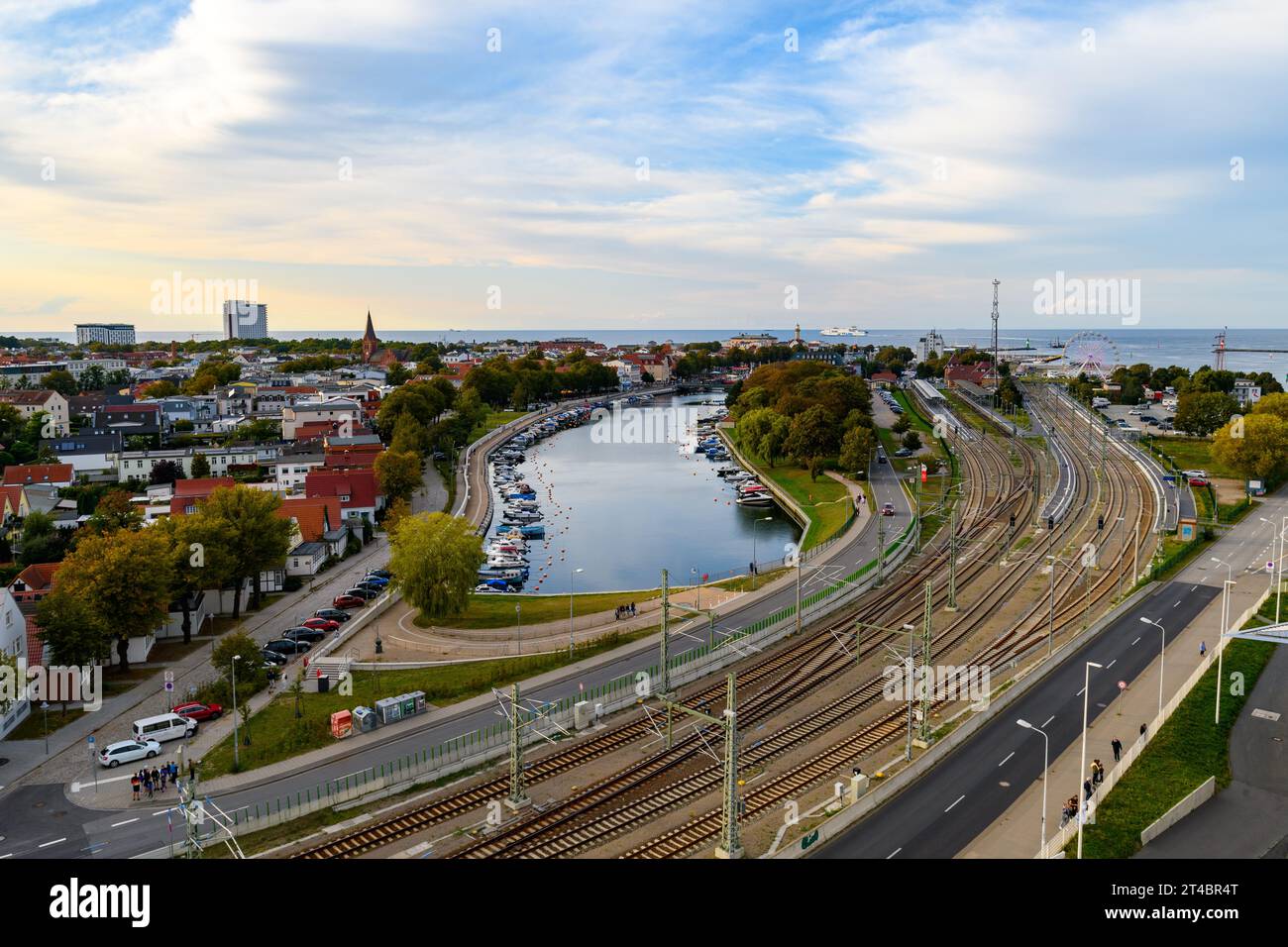 Germany: Aerial view of Warnemuende (Rostock), railway station and ...