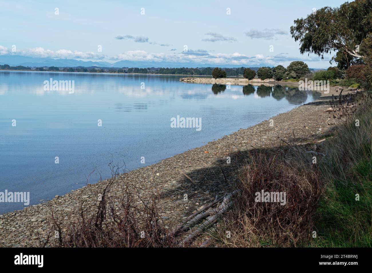 The coast along Motueka's waterfront leading to the old wharf and quay ...