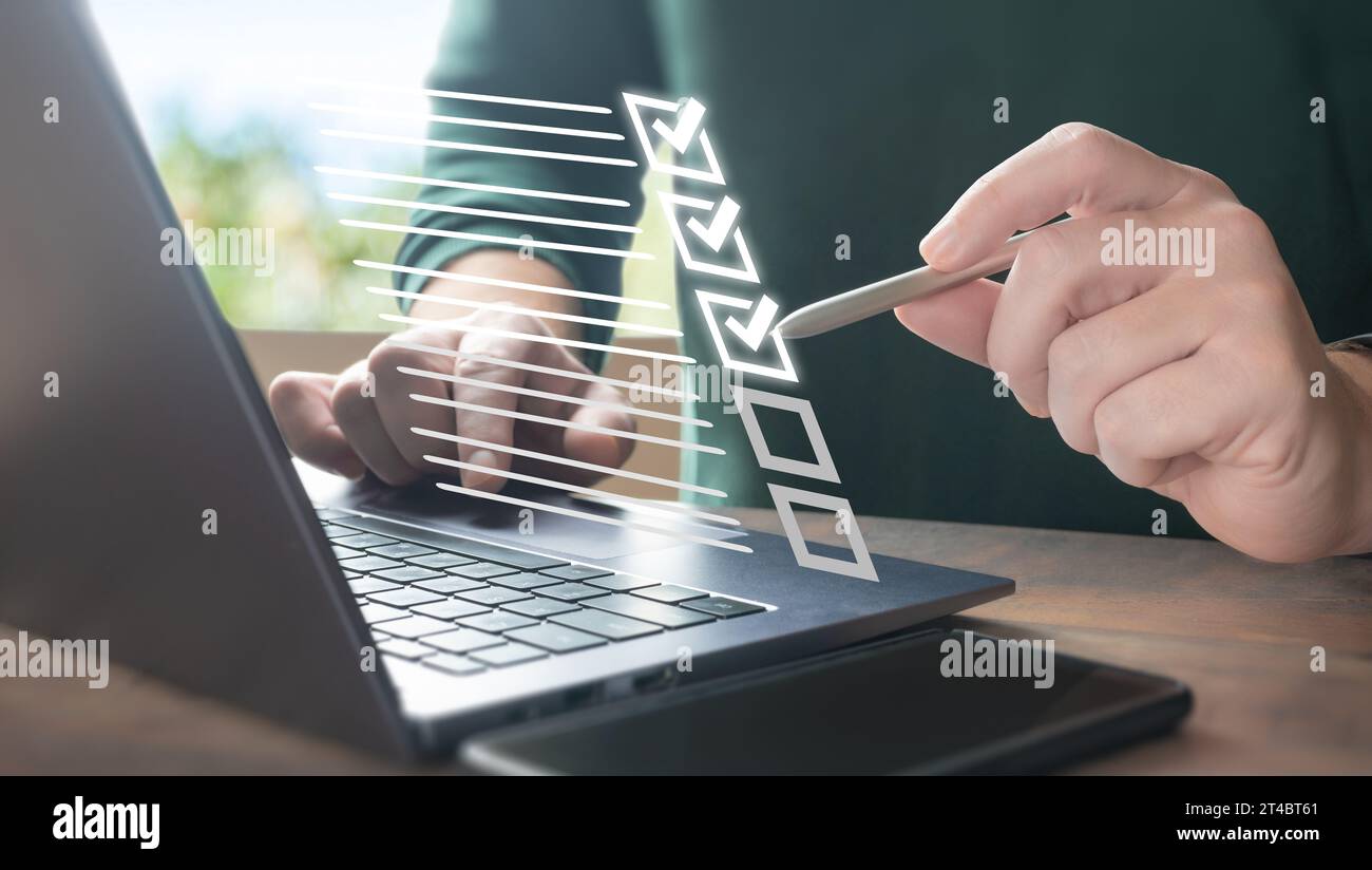 Document management concept. Businessman using laptop computer and ...