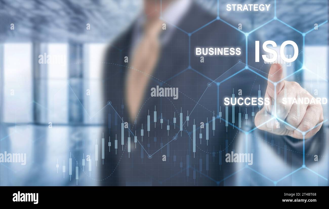 ISO standards quality control. Businessman touch to activate quality ...