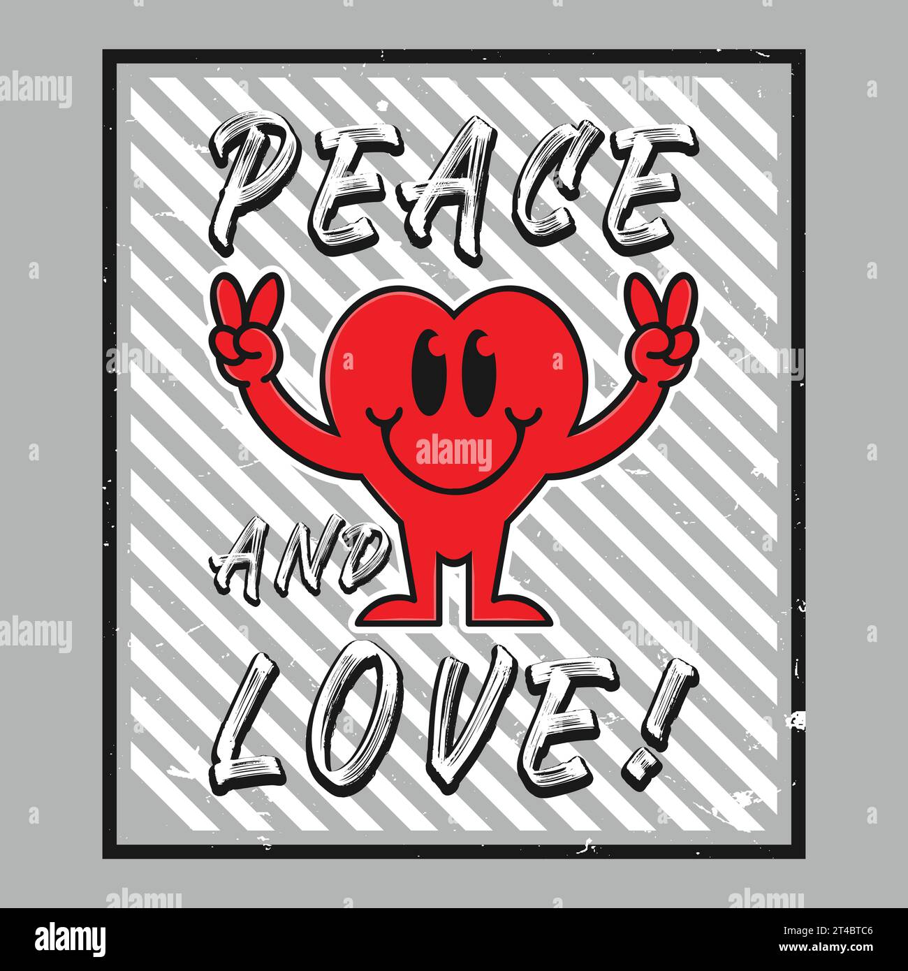 Heart emoji cartoon with peace and love phrase. Grunge texture style ...